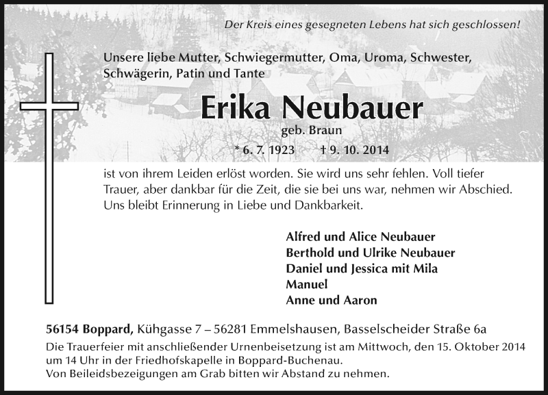 Traueranzeigen von Erika Neubauer | rz-trauer.de