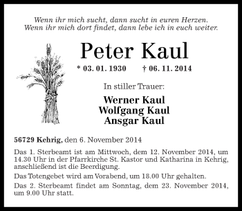 Traueranzeigen von Peter Kaul | rz-trauer.de