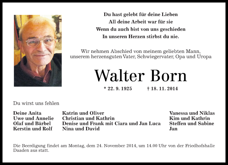 Traueranzeigen von Walter Born | rz-trauer.de