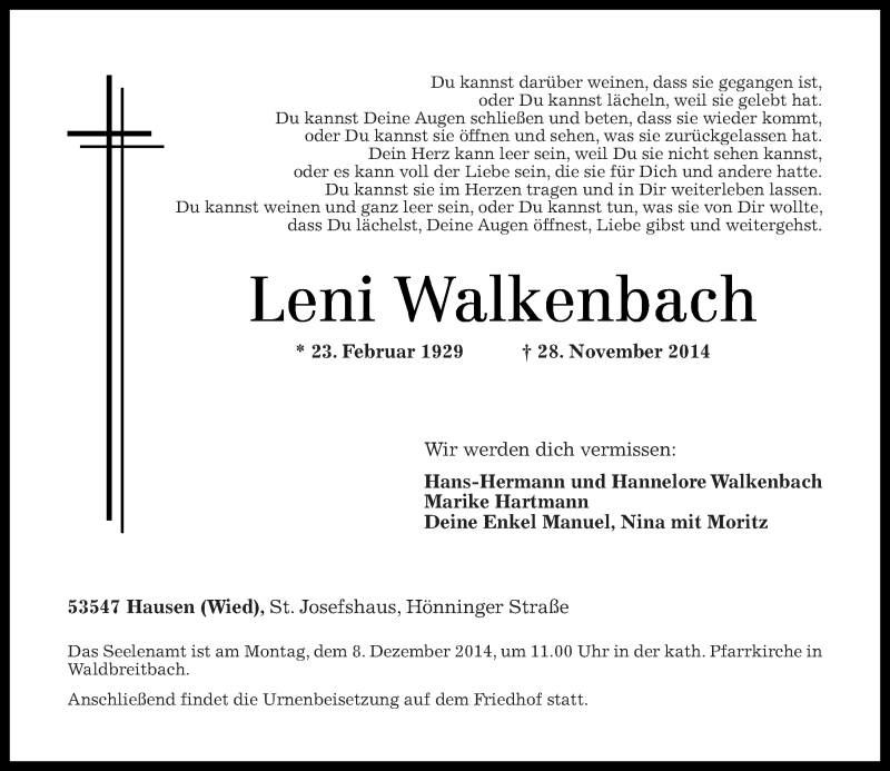 Traueranzeigen von Leni Walkenbach | rz-trauer.de