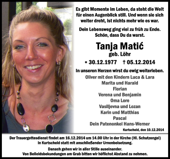 Traueranzeigen von Tanja Matic | rz-trauer.de