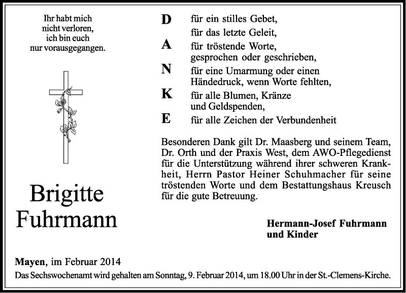 Traueranzeigen von Brigitte Fuhrmann | rz-trauer.de