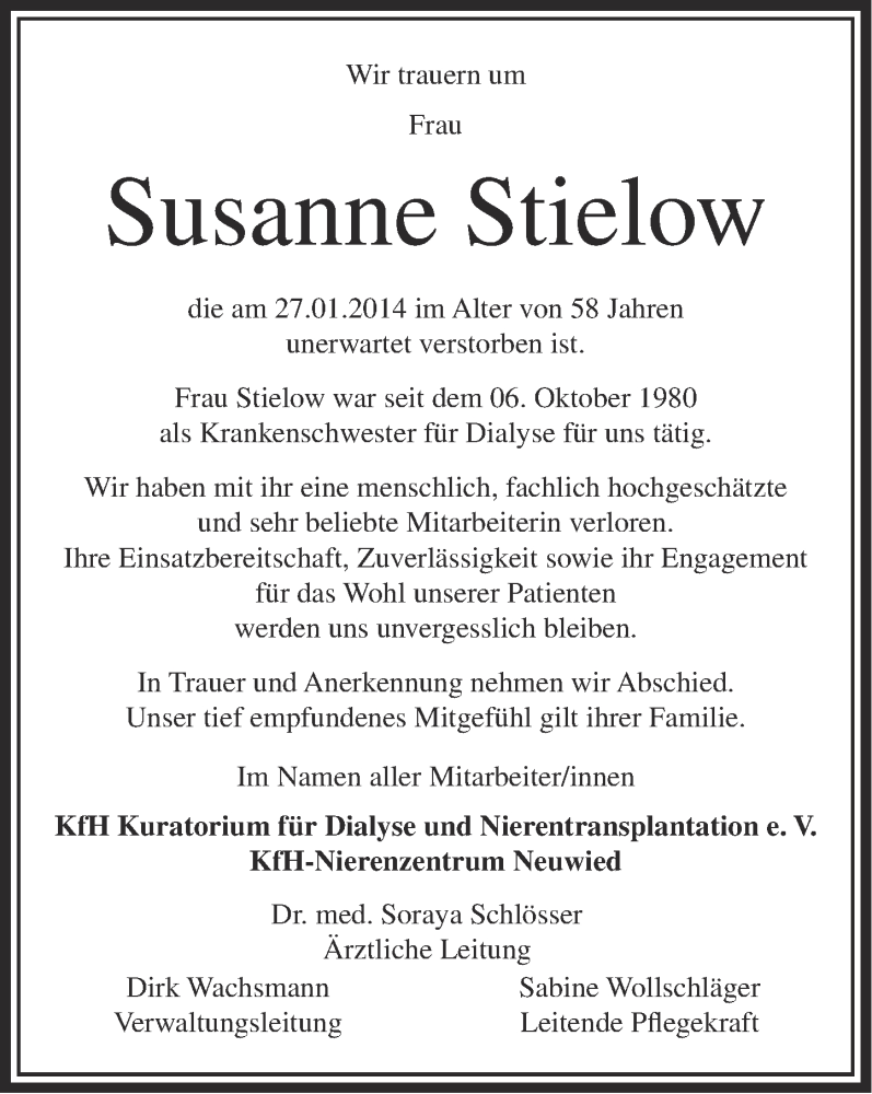 Traueranzeigen von Susanne Stielow | rz-trauer.de
