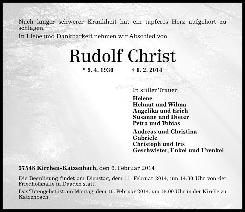 Traueranzeigen von Rudolf Christ | rz-trauer.de