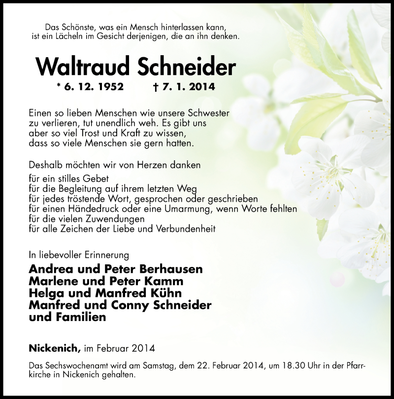 Traueranzeigen von Waltraud Schneider | rz-trauer.de
