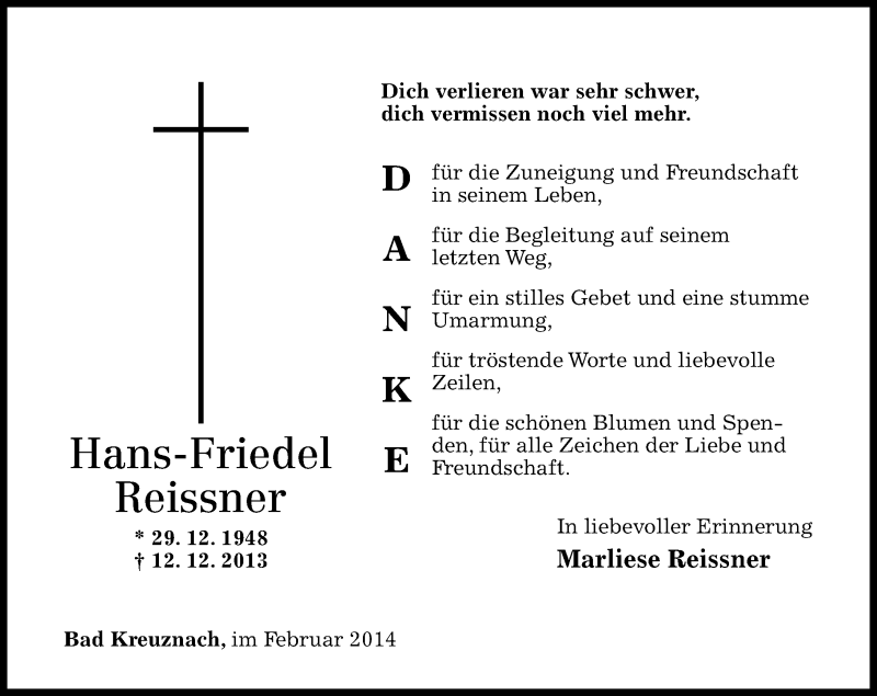Traueranzeigen von Hans-Friedel Reissner | rz-trauer.de