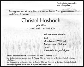 Traueranzeigen von Christel Hasbach | rz-trauer.de