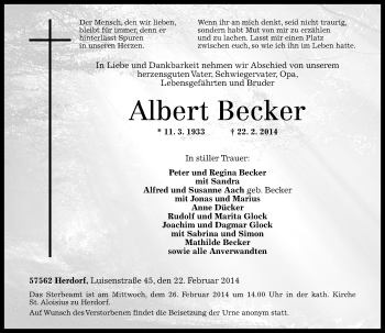 Traueranzeigen von Albert Becker | rz-trauer.de