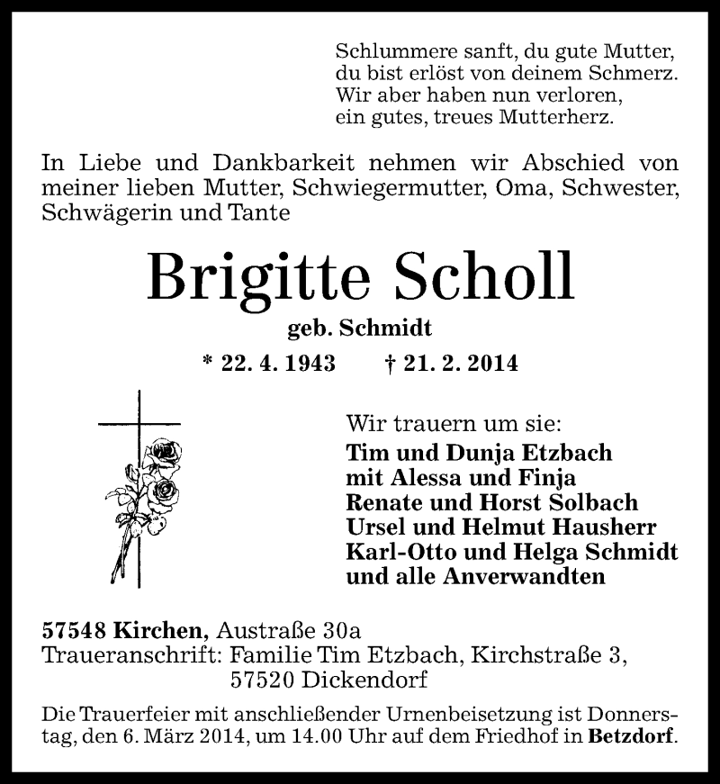 Traueranzeigen von Brigitte Scholl | rz-trauer.de