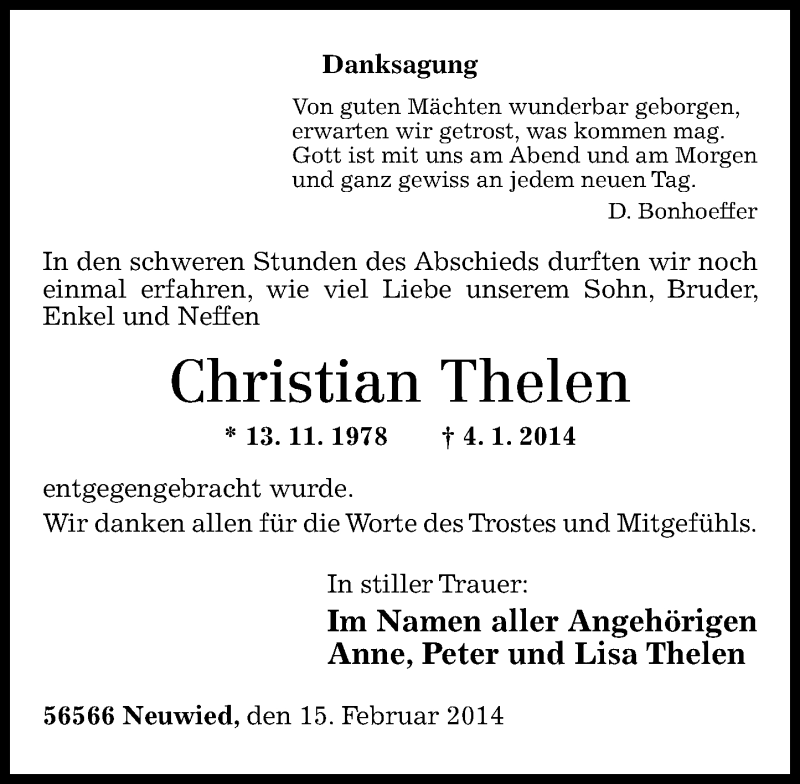 Traueranzeigen von Christian Thelen | rz-trauer.de