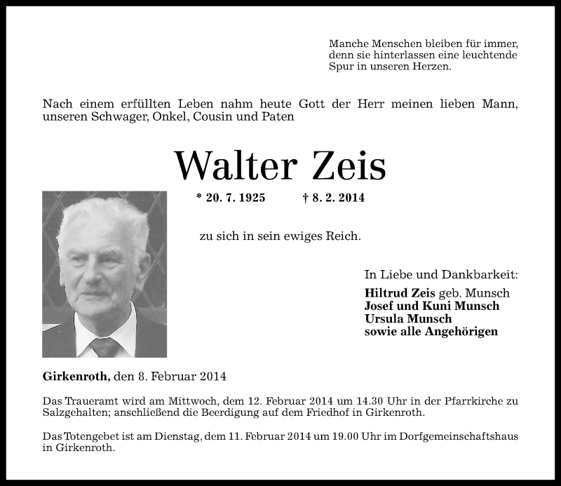 Traueranzeigen von Walter Zeis | rz-trauer.de