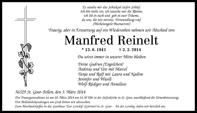 Traueranzeigen von Manfred Reinelt | rz-trauer.de