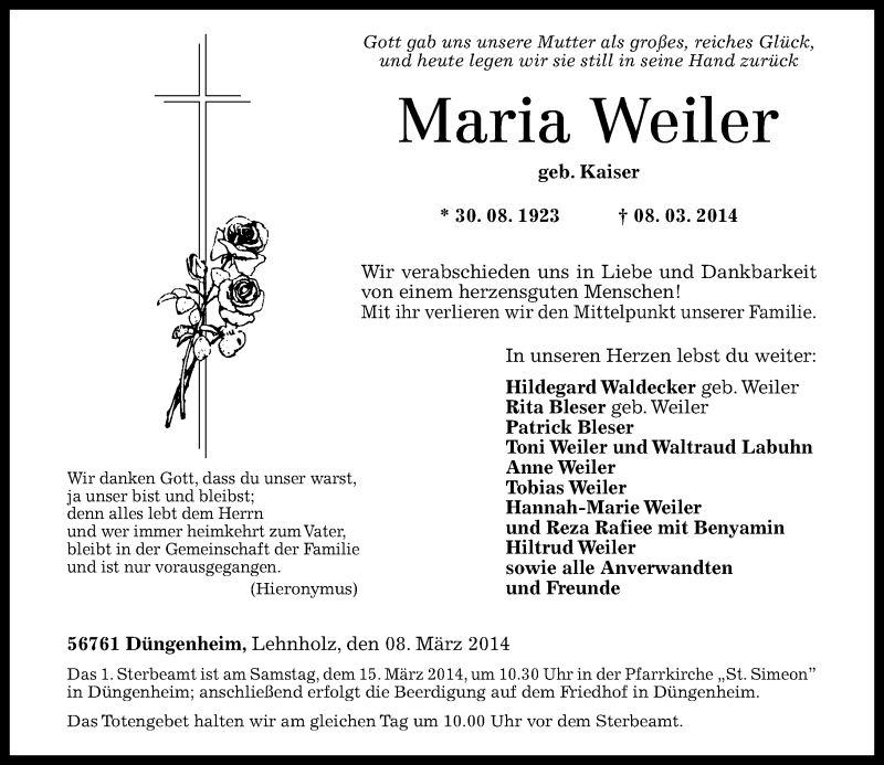 Traueranzeigen von Maria Weiler | rz-trauer.de