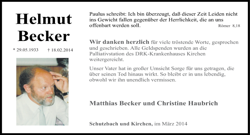Traueranzeigen von Helmut Becker | rz-trauer.de