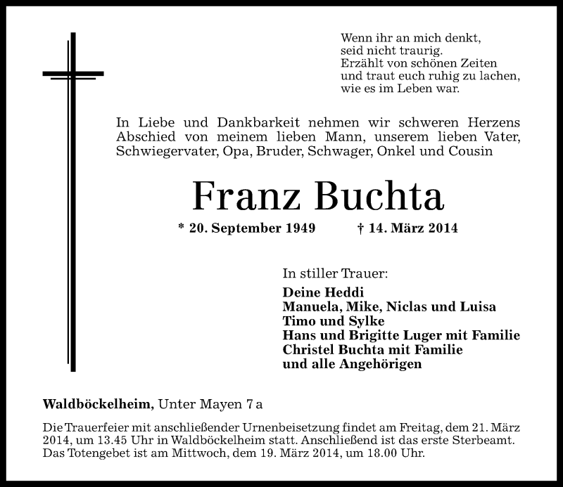 Traueranzeigen von Franz Buchta | rz-trauer.de