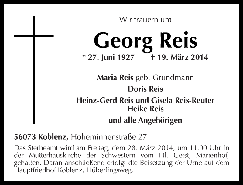 Traueranzeigen von Georg Reis | rz-trauer.de