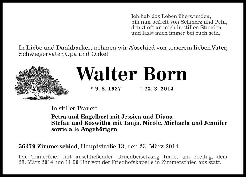 Traueranzeigen von Walter Born | rz-trauer.de
