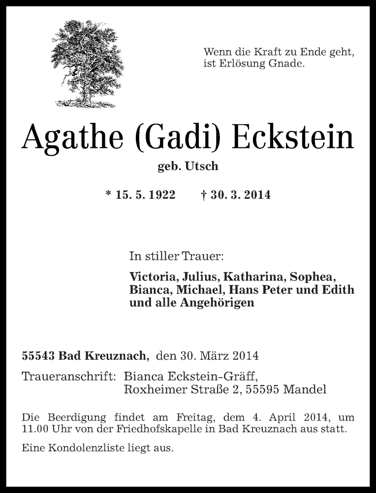 Traueranzeigen von Agathe Eckstein | rz-trauer.de