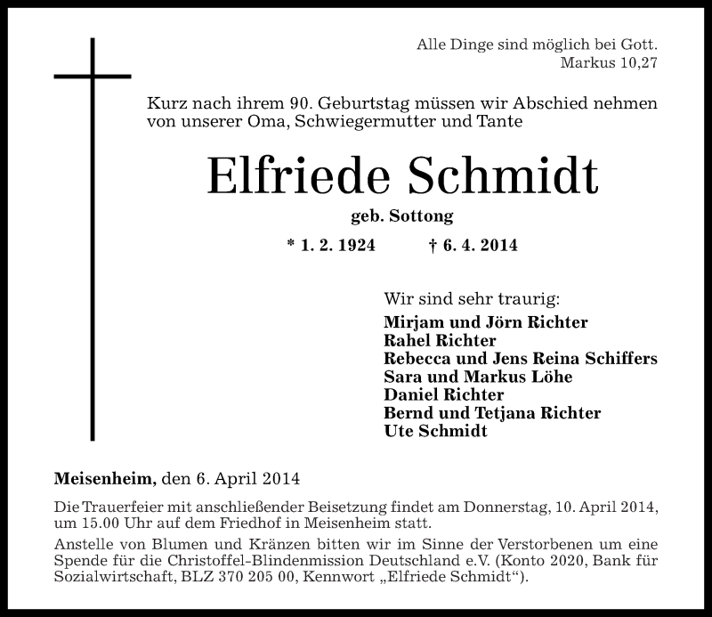 Traueranzeigen von Elfriede Schmidt | rz-trauer.de