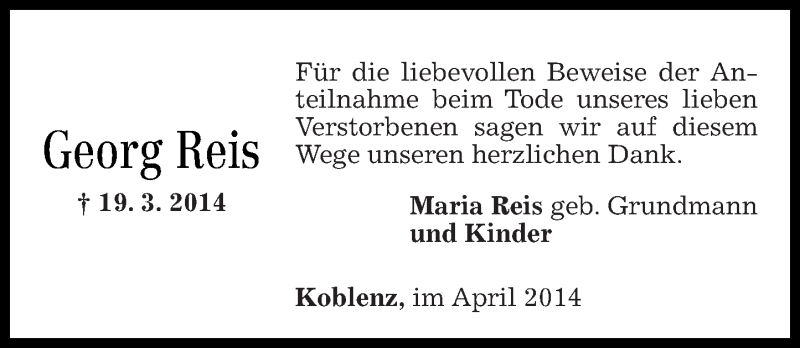 Traueranzeigen von Georg Reis | rz-trauer.de