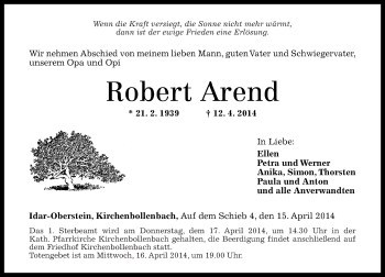 Traueranzeigen von Robert Arend | rz-trauer.de