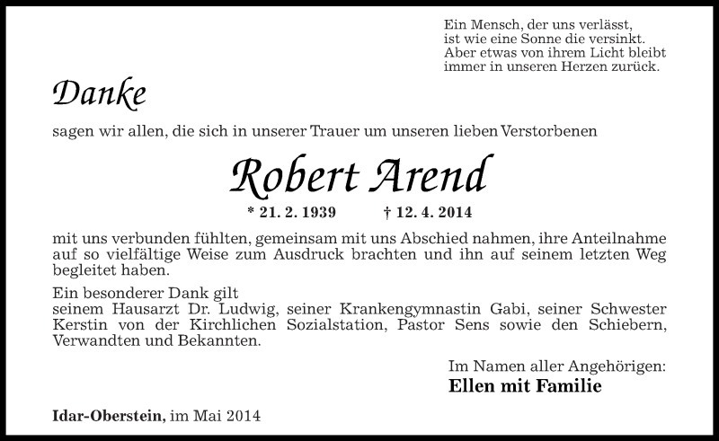 Traueranzeigen von Robert Arend | rz-trauer.de