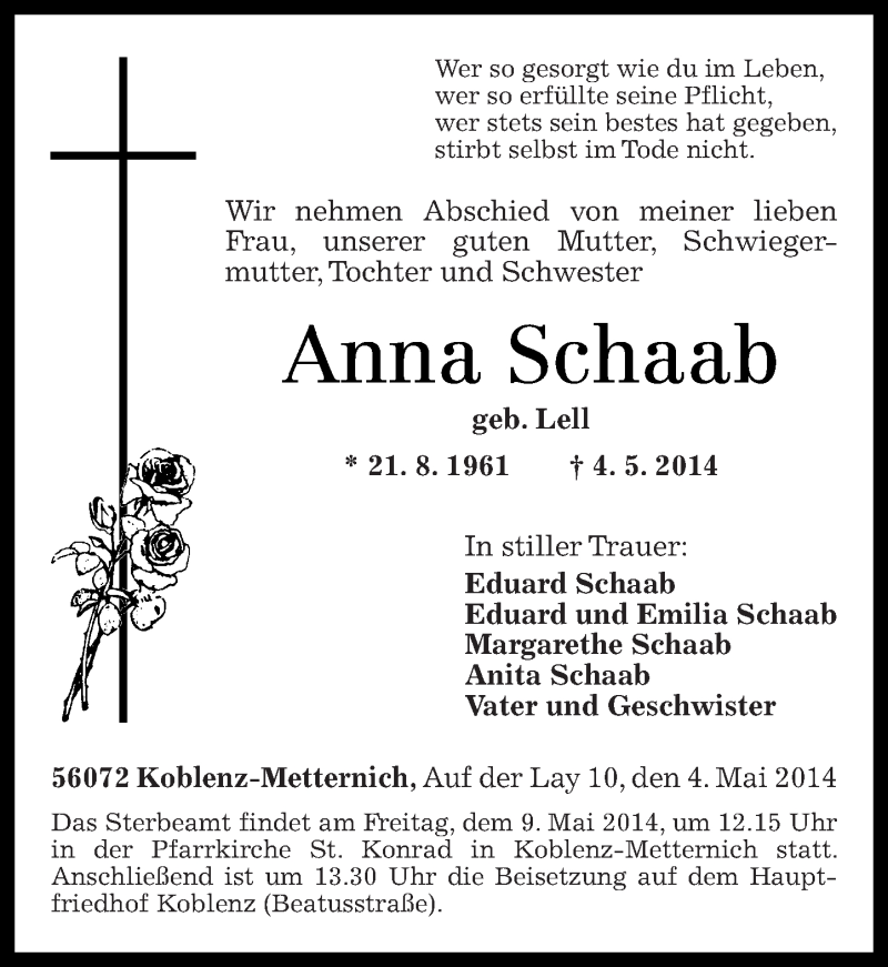 Traueranzeigen von Anna Schaab | rz-trauer.de