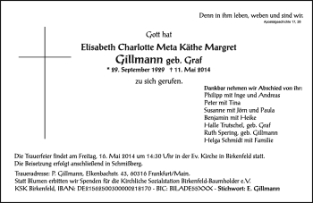 Traueranzeigen von Elisabeth Charlotte Meta Käthe Margret Gillmann | rz ...