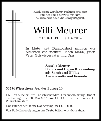 Traueranzeigen von Willi Meurer | rz-trauer.de