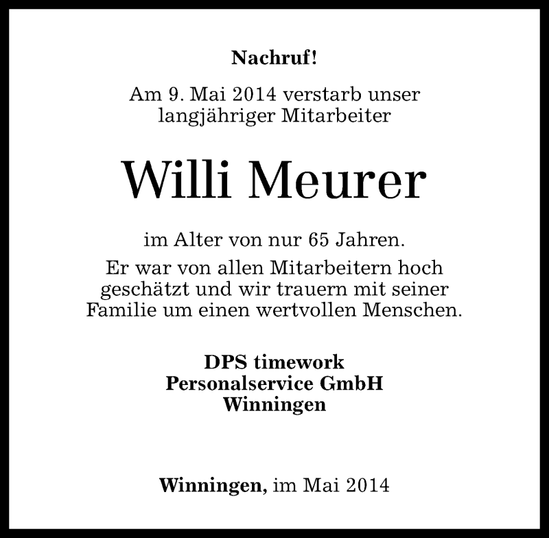 Traueranzeigen von Willi Meurer | rz-trauer.de