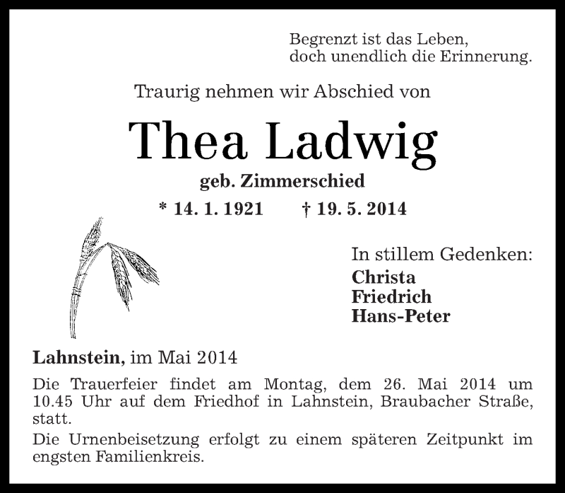 Traueranzeigen von Thea Ladwig | rz-trauer.de