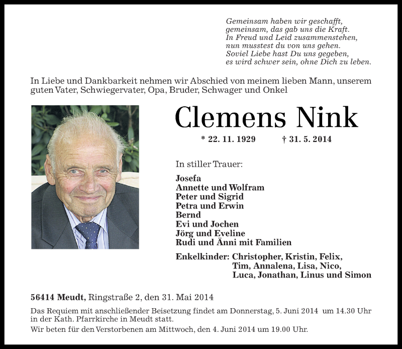 Traueranzeigen von Clemens Nink | rz-trauer.de