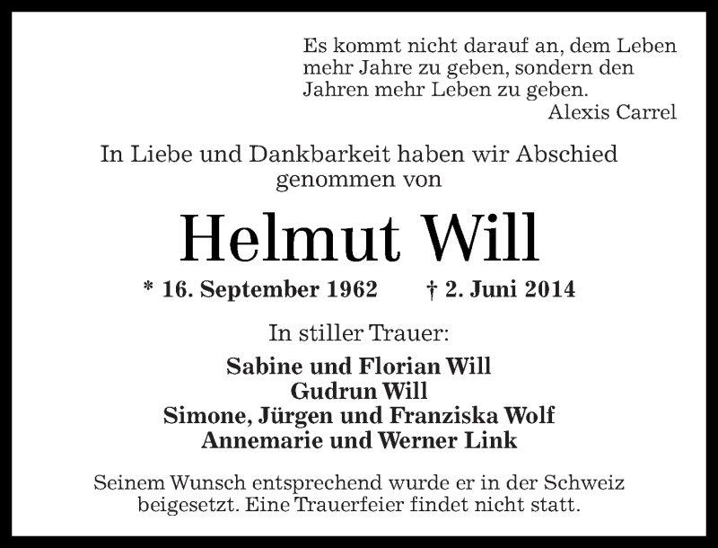 Traueranzeigen von Helmut Will | rz-trauer.de