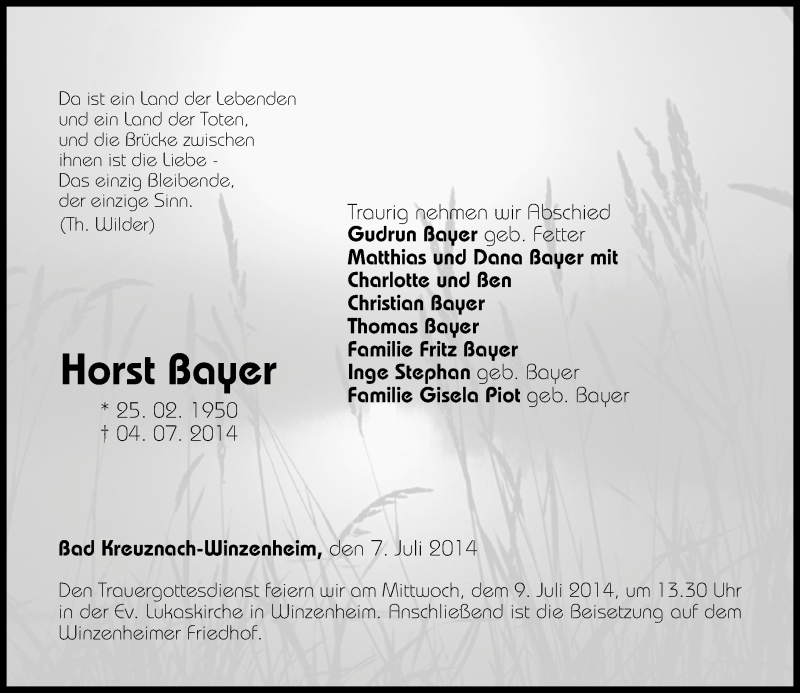 Traueranzeigen von Horst Bayer | rz-trauer.de