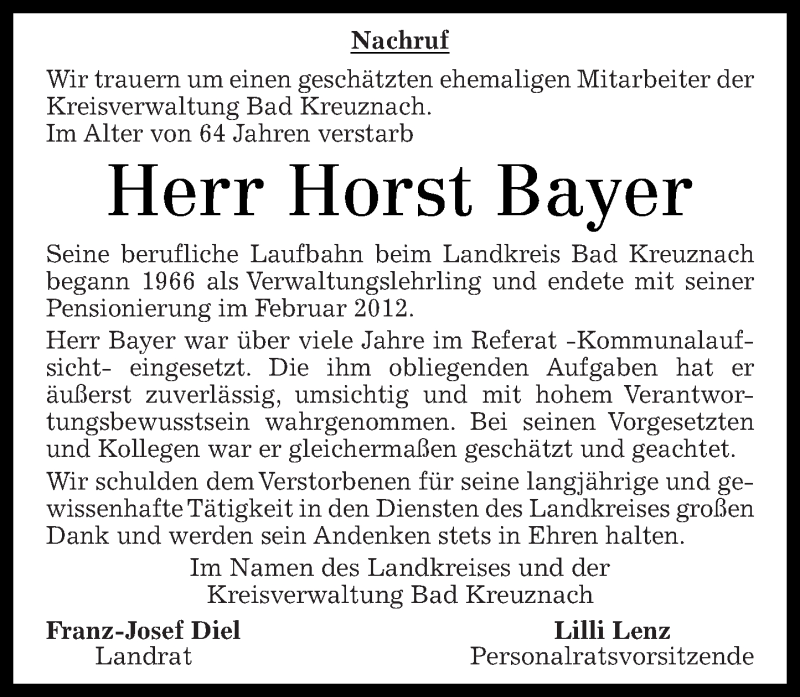Traueranzeigen von Horst Bayer | rz-trauer.de