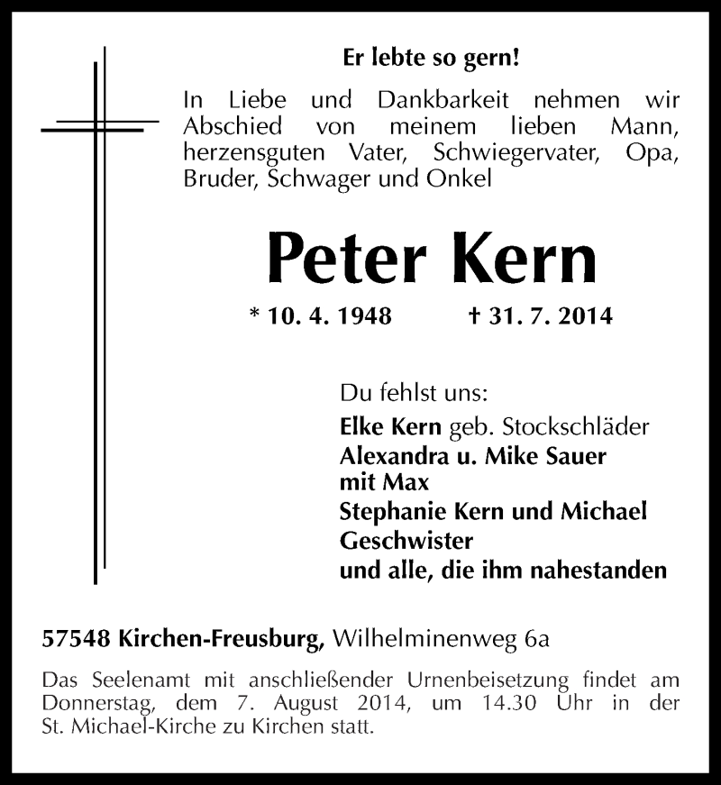 Traueranzeigen von Peter Kern | rz-trauer.de