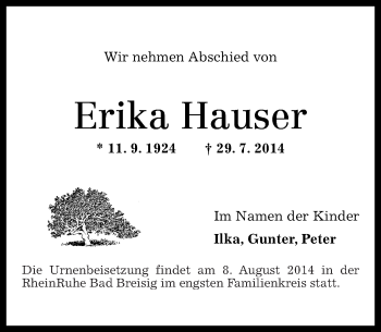 Traueranzeigen von Erika Hauser | rz-trauer.de
