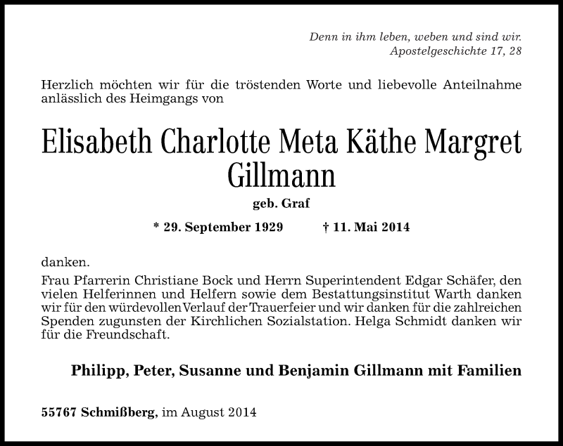 Traueranzeigen von Elisabeth Charlotte Meta Käthe Margret Gillmann | rz ...