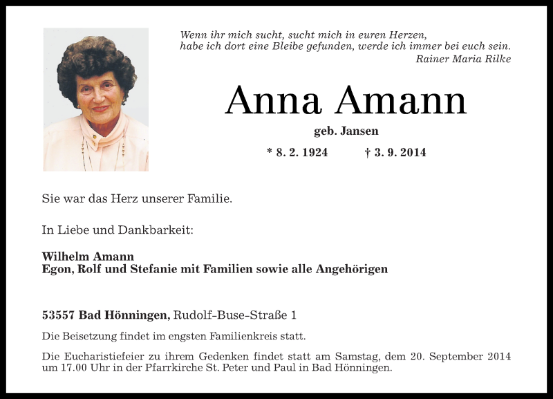 Traueranzeigen von Anna Amann | rz-trauer.de