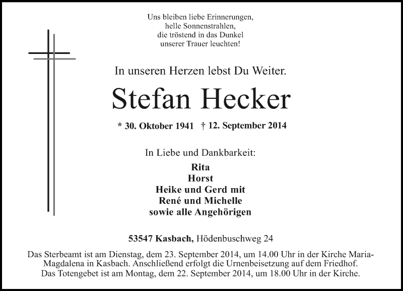 Traueranzeigen von Stefan Hecker | rz-trauer.de