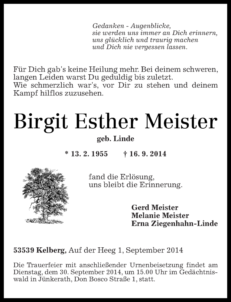 Traueranzeigen von Birgit Esther Meister | rz-trauer.de