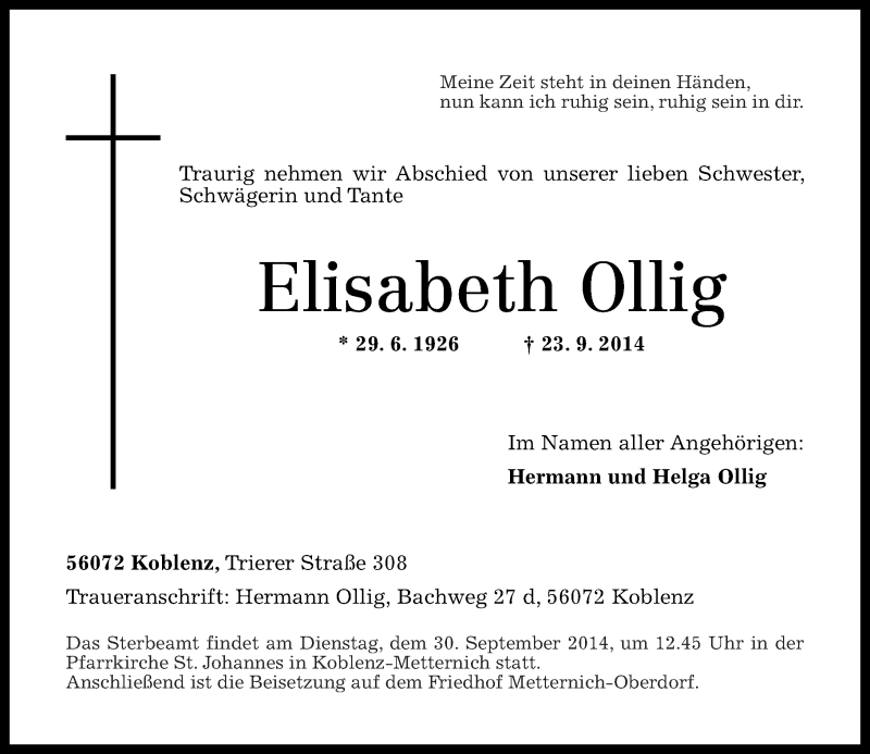 Traueranzeigen von Elisabeth Ollig | rz-trauer.de