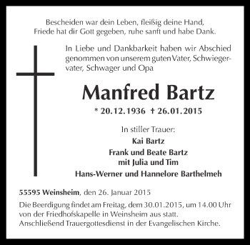 Traueranzeigen von Manfred Bartz | rz-trauer.de