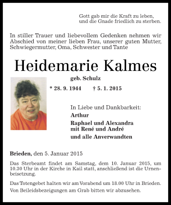 Traueranzeigen von Heidemarie Kalmes | rz-trauer.de