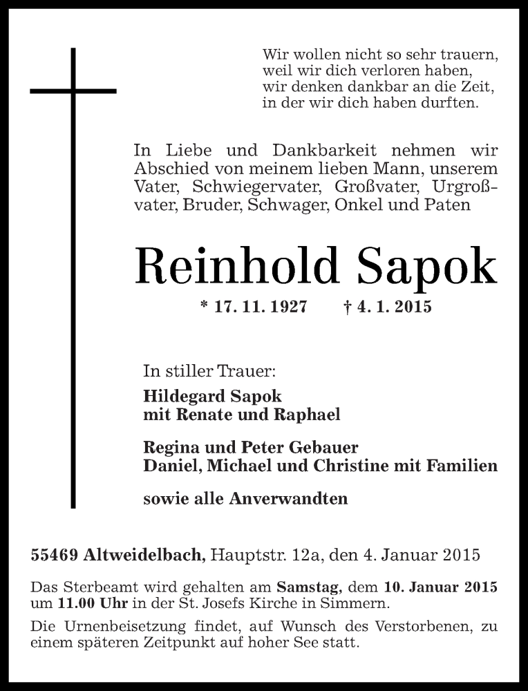 Traueranzeigen von Reinhold Sapok | rz-trauer.de