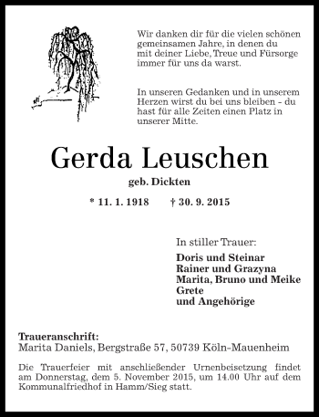 Traueranzeigen von Gerda Leuschen | rz-trauer.de