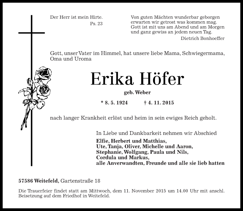 Traueranzeigen von Erika Höfer | rz-trauer.de