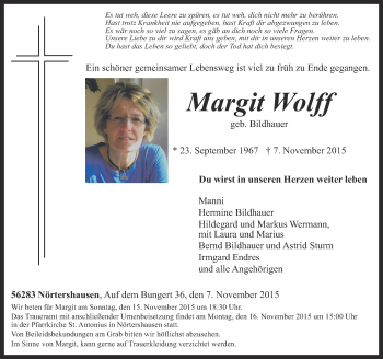 Traueranzeigen von Margit Wolff | rz-trauer.de