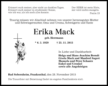 Traueranzeigen von Erika Mack | rz-trauer.de