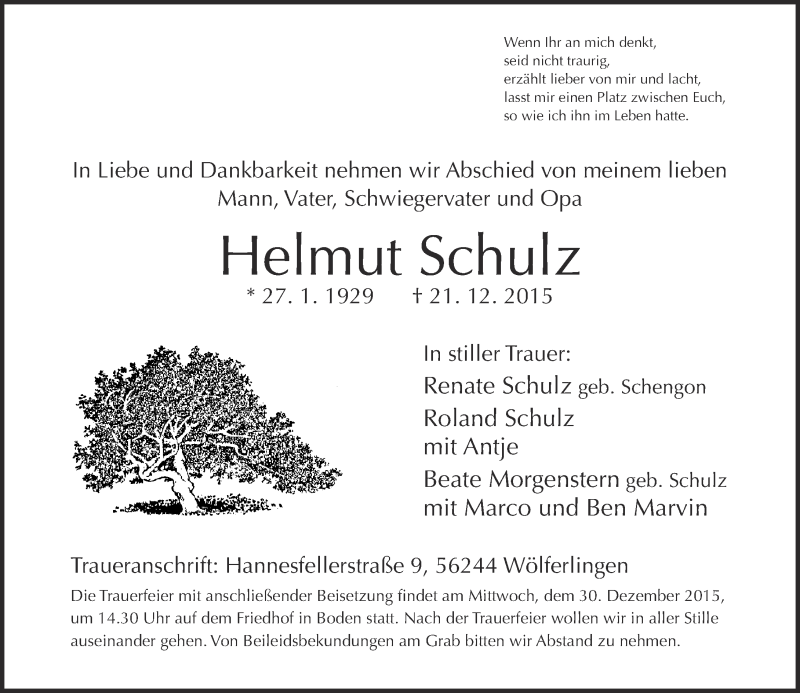 Traueranzeigen von Helmut Schulz | rz-trauer.de